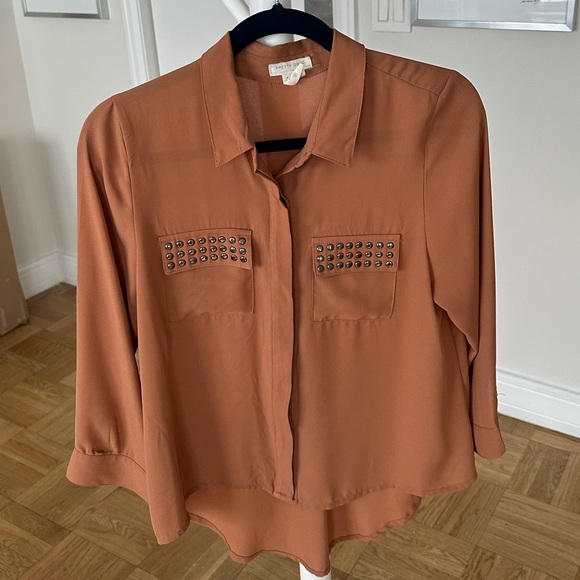 Pretty Good | Tops | Caramel Utility Button Down Shirt Wmetal Decals ...